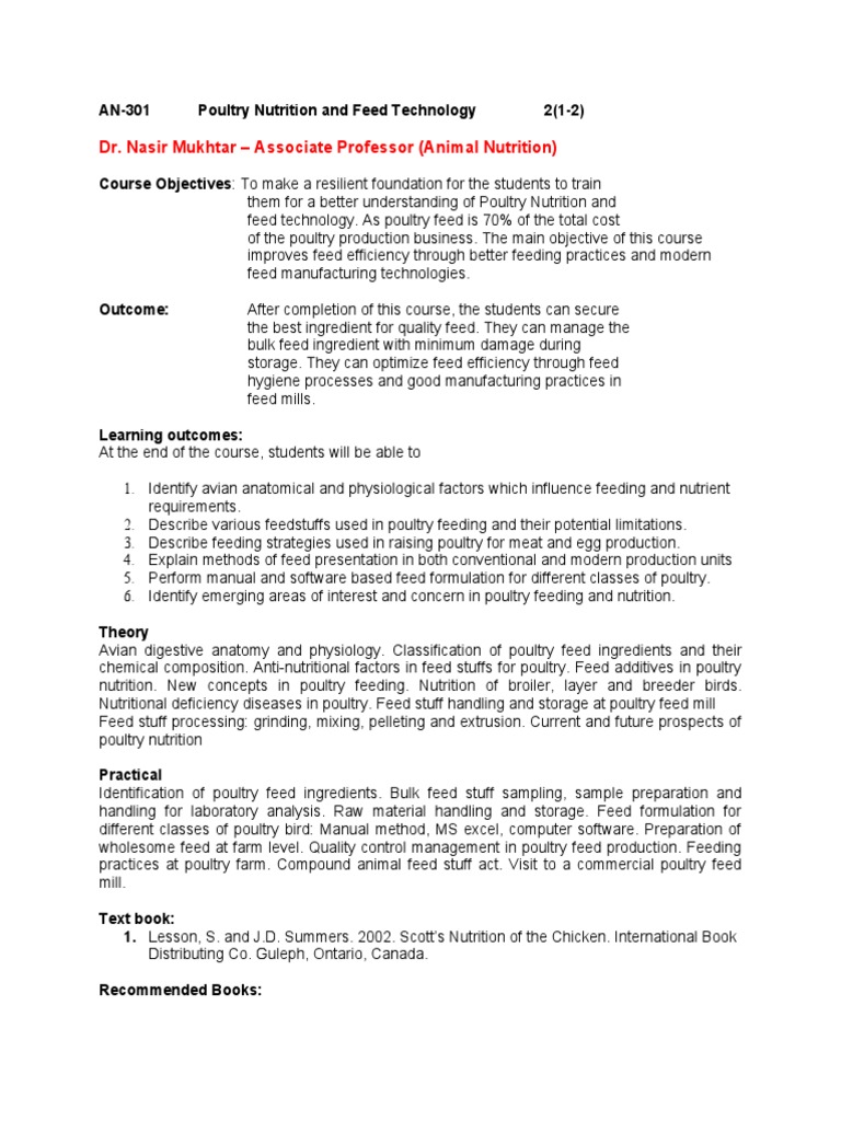 AN-301 Poultry Nutrition and Feed Technology 2 (1-2) | PDF | Poultry ...