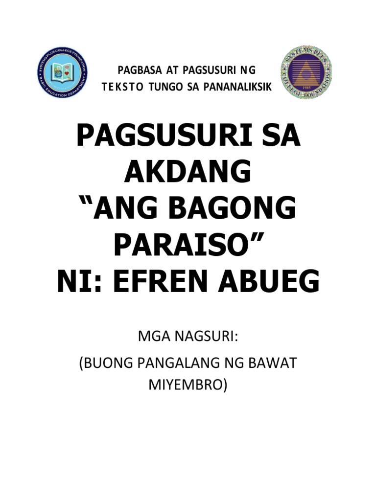 Peta Pagsusuri NG Akdang Ang Bagong Paraiso | PDF