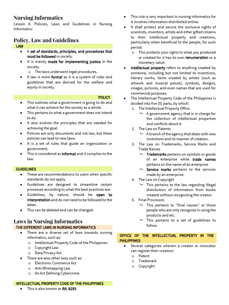 Lesson 8. Policies, Laws and Guidelines in Nursing Informatics | PDF ...