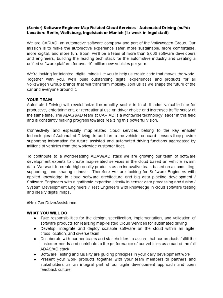 (Senior) Software Engineer Map Related Cloud Services - Automated Driving (M - F - D) | PDF ...