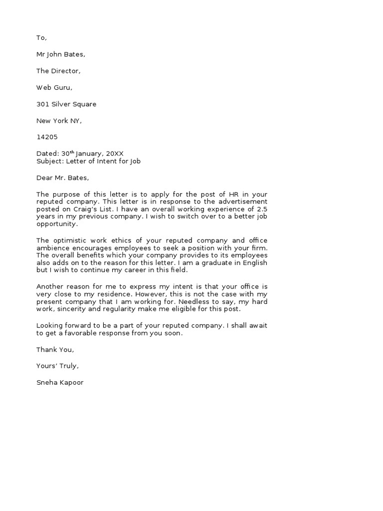 Letter of Intent For A Job Template-79013 | PDF | Career & Growth ...