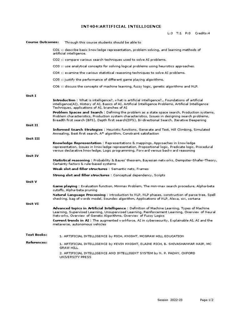 Int404 (Syllabus) | PDF | Artificial Intelligence | Intelligence (AI ...