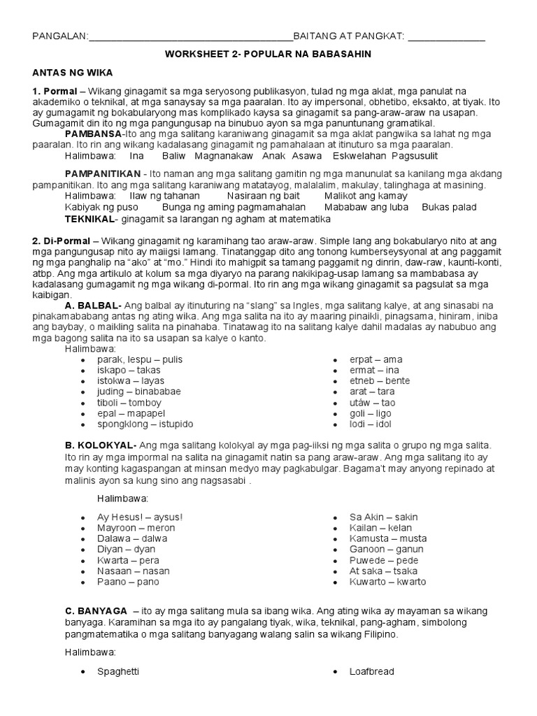 Worksheet 1 Popular Na Babasahin | PDF