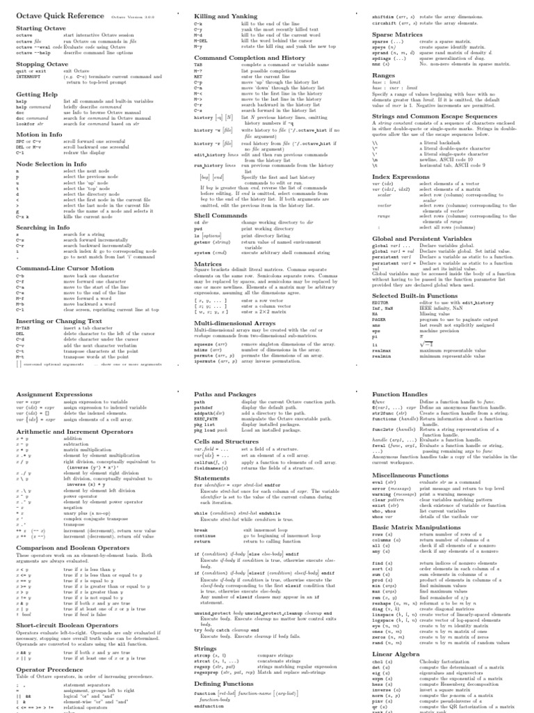 Octave Reference Card (A4) | PDF | Matrix (Mathematics) | Boolean Data Type
