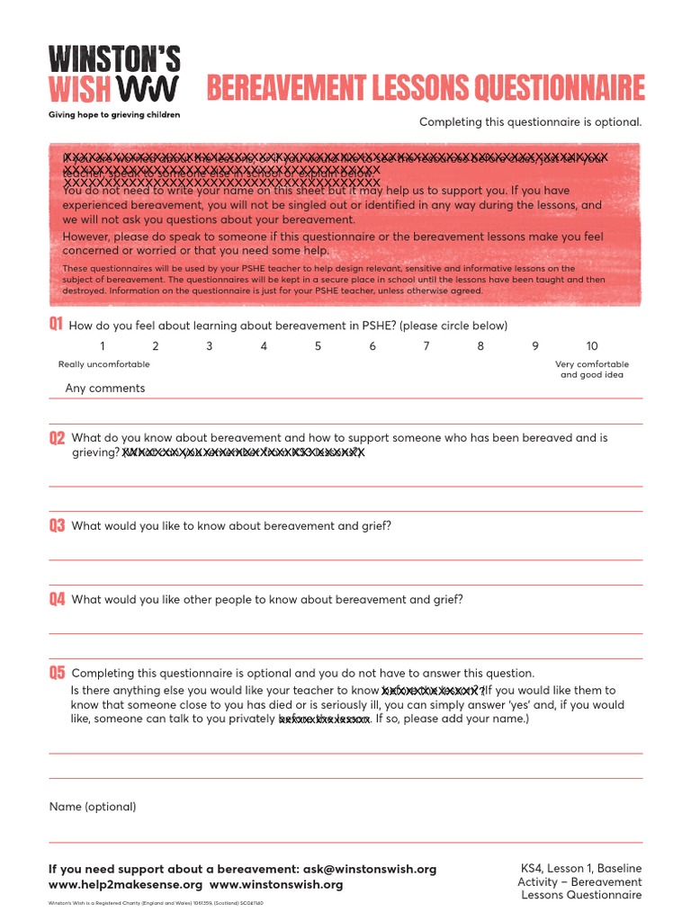 Bereavement - End of Lesson Questionnaire | PDF | Grief