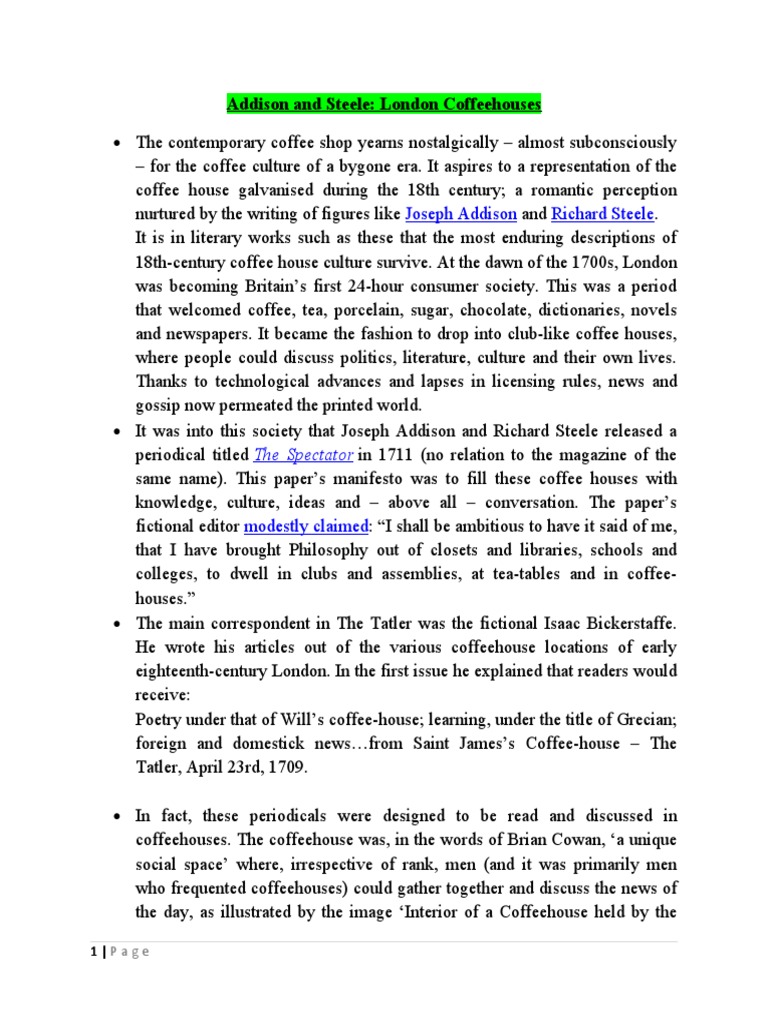 Addison and Steele Coffeehouses | PDF