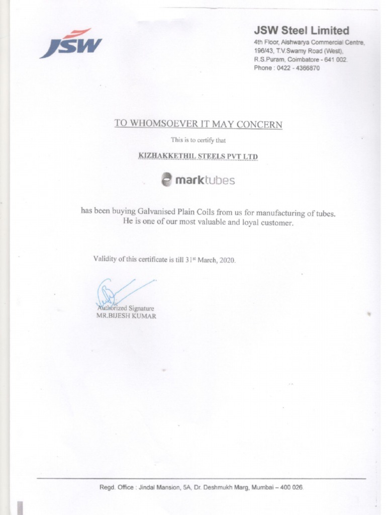 JSW Certiicate PDF | PDF