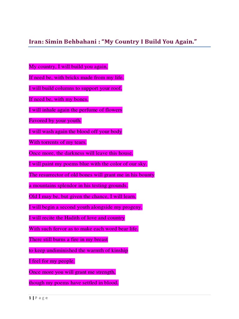 Rebuilding My Country: A Poem by Behbahani | PDF | Poetry | Love