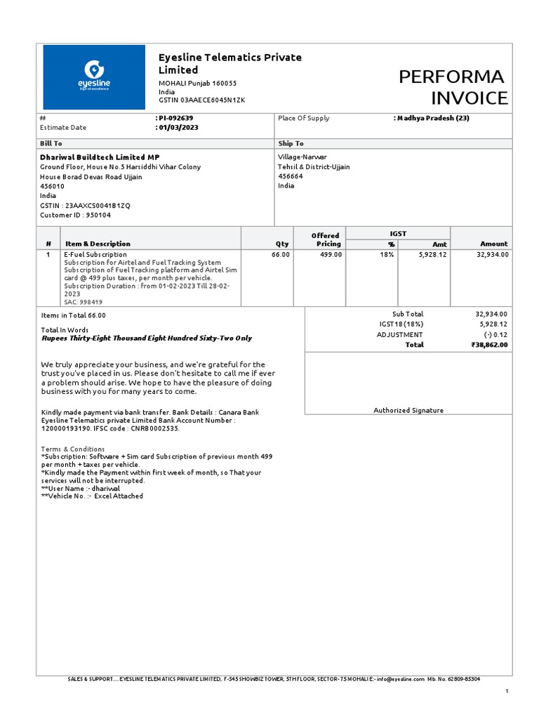 Eyesline Telematics Invoice PI-092639 | PDF | Payments | Economies