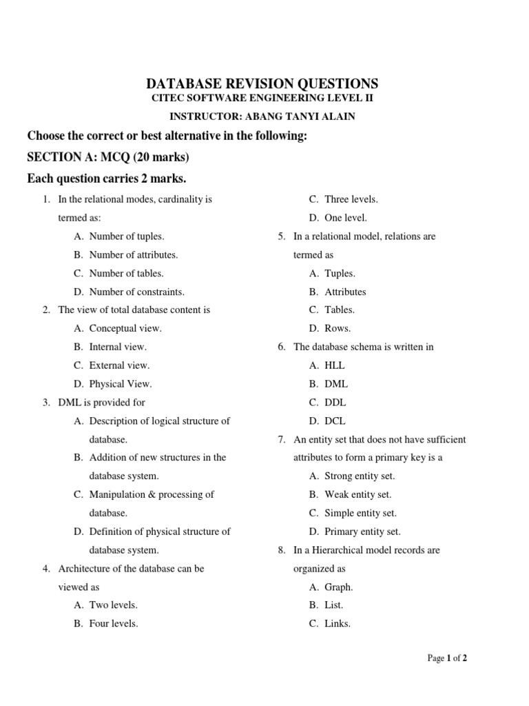 Database Revision Questions Pdf Pdf Relational Model Data
