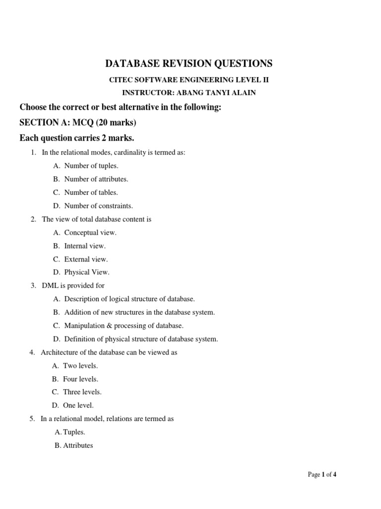 Database Revision Pdf Pdf Relational Model Databases