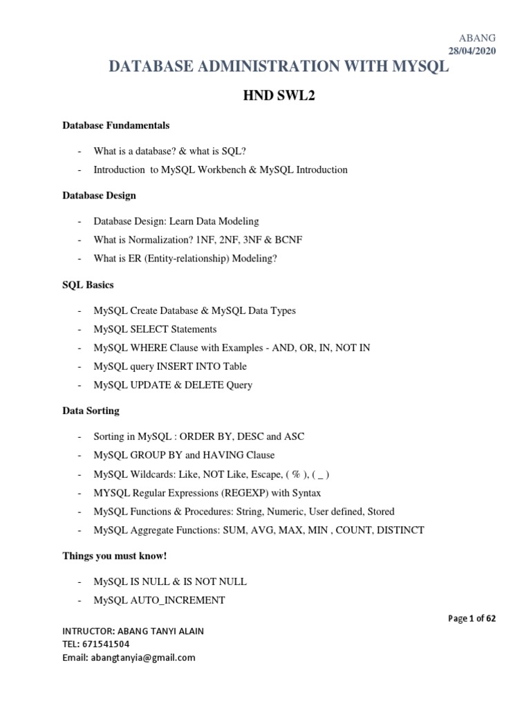 Mysql Database Administration Pdf Databases No Sql