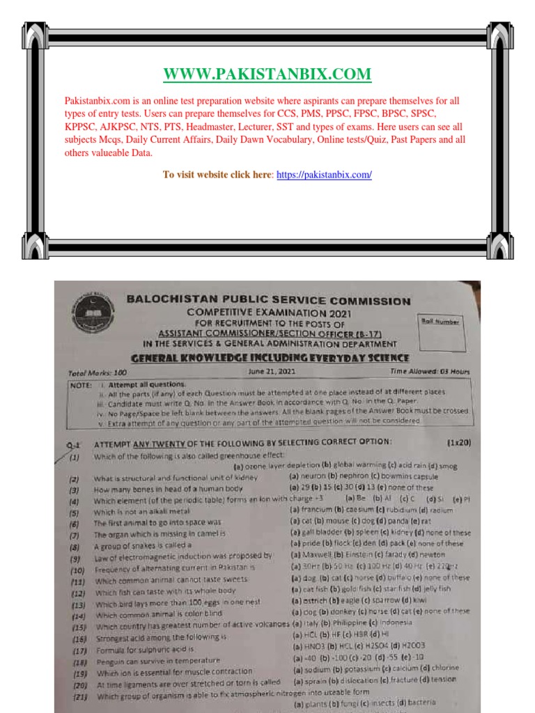 PCS General Knowledge Paper 2021 PDF | PDF