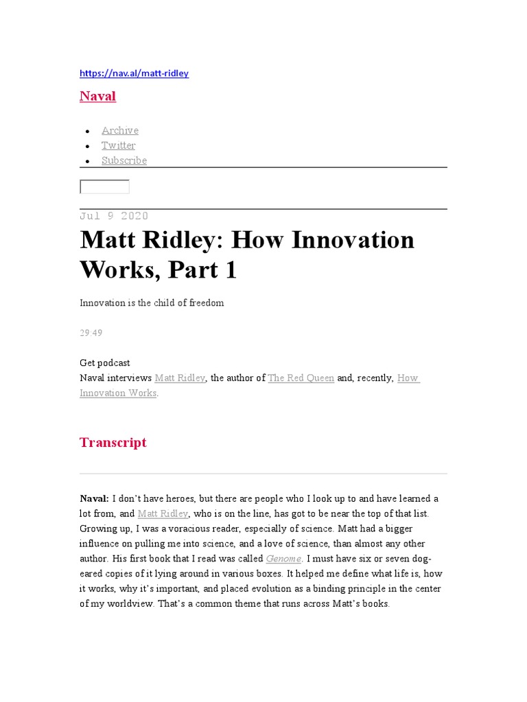 Naval - Matt Ridley - How Innovation Works | Download Free PDF | Infection