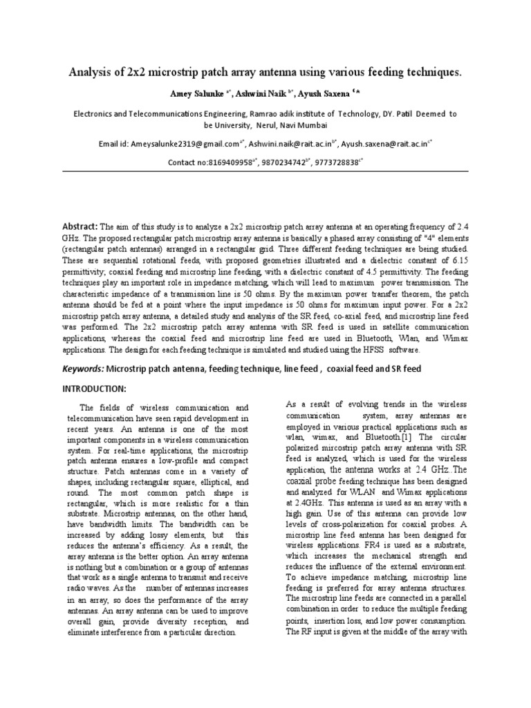 Analysis Of 2x2 Microstrip Patch Array Antenna Using Various Feeding Techniques Pdf Antenna 