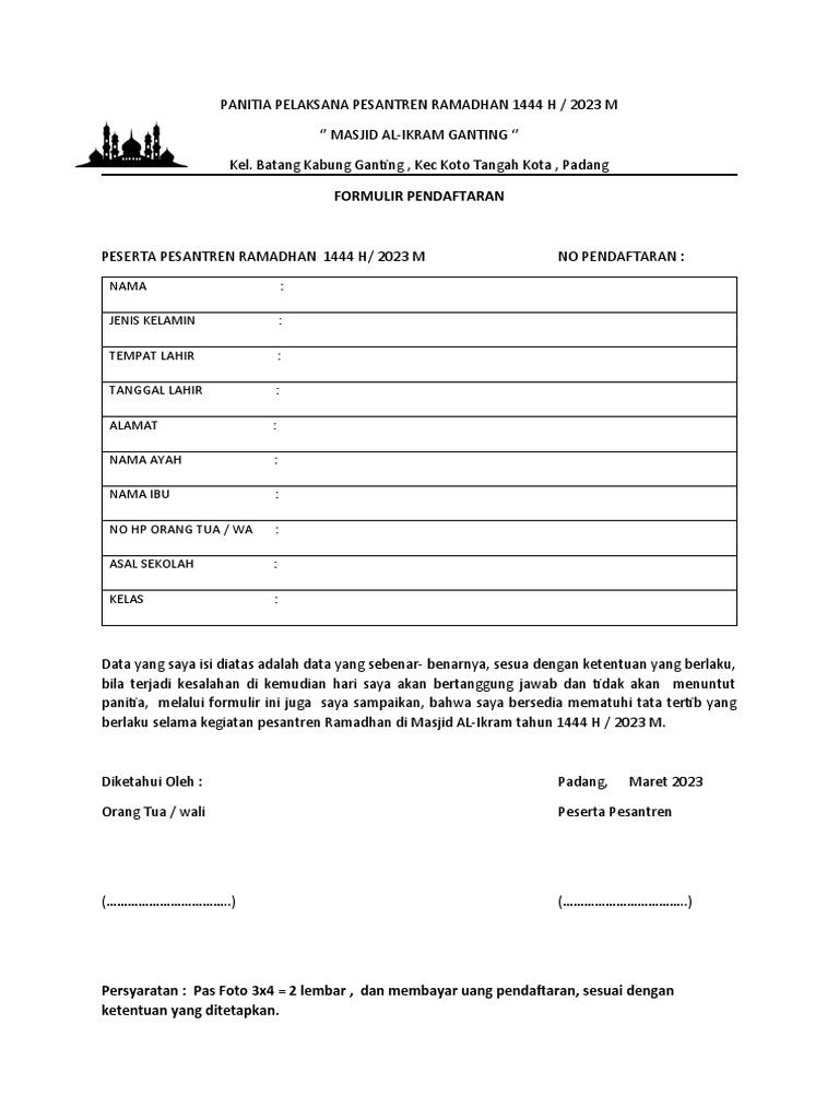 Formulir Pendaftaran Pesantren | PDF Formulir Pendaftaran Pesantren | PDF