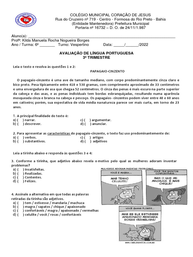Avaliação 3º Triim 6ºano 2022 | PDF | Linguística
