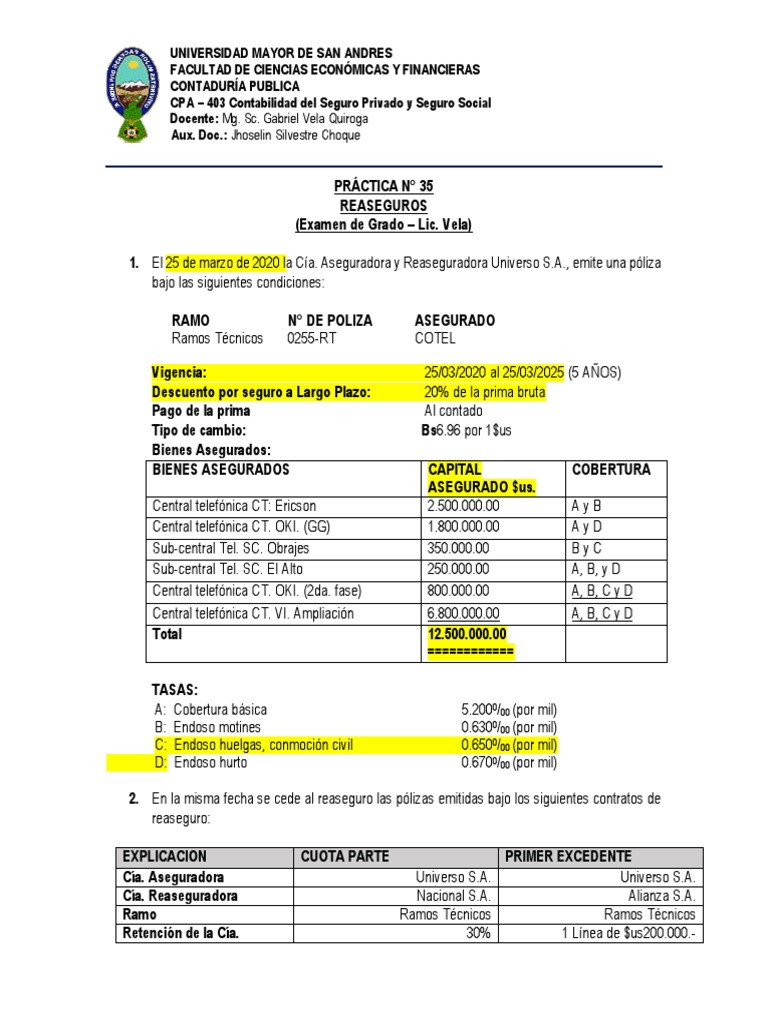 Reaseguros y Pólizas: Práctica CPA-403 | PDF | Seguro | Reaseguro