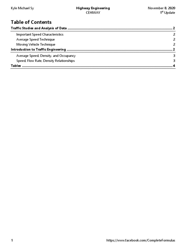 Highway Engineering (CEHIWAY) Formulas | PDF | Traffic | Speed