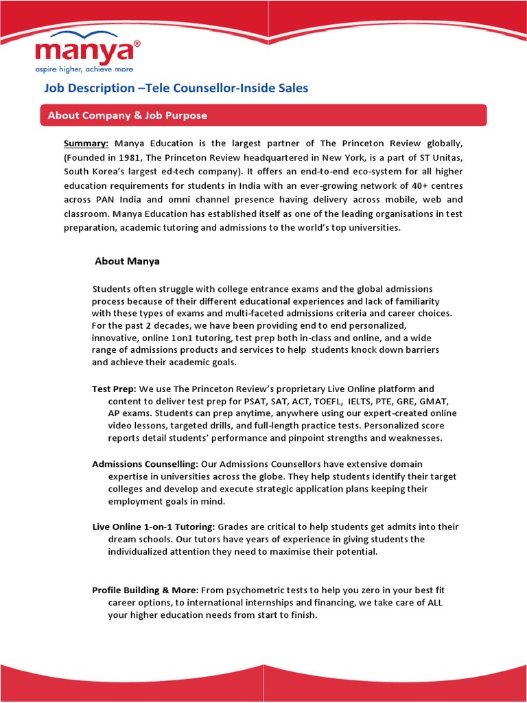 Job Description - Tele Counsellor-Inside Sales: About Company & Job Purpose | PDF | Sat | Learning