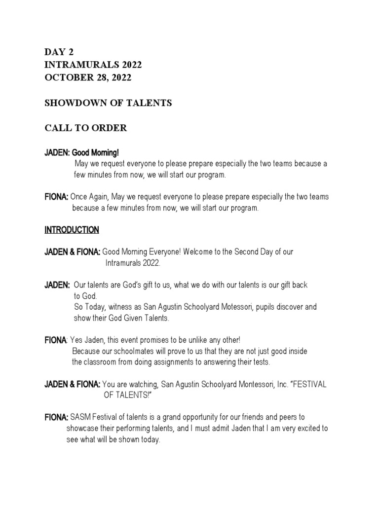 Festival of Talents Script | PDF | Singing