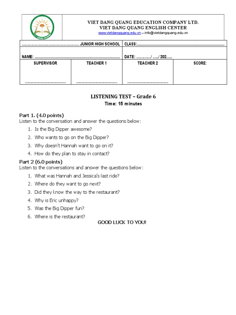 Grade 6 Listening Test Instructions | PDF