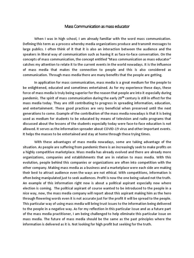 Mass Communication as an Educator | PDF | Media (Communication ...
