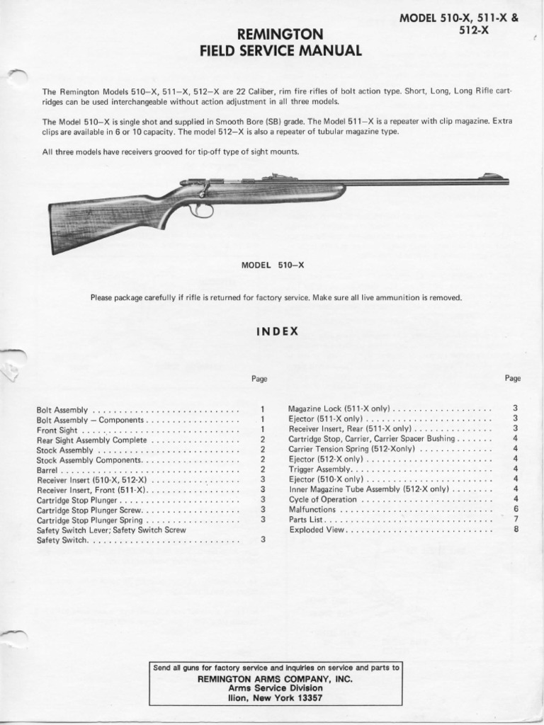 Remington Field Service Manual For Model 510 X Model 511 X Model 512 X ...