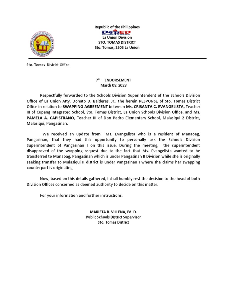 7th ENDORSEMENT To LUSDO Transfer of Teacher DIANA LACONSAY OF LAS ...