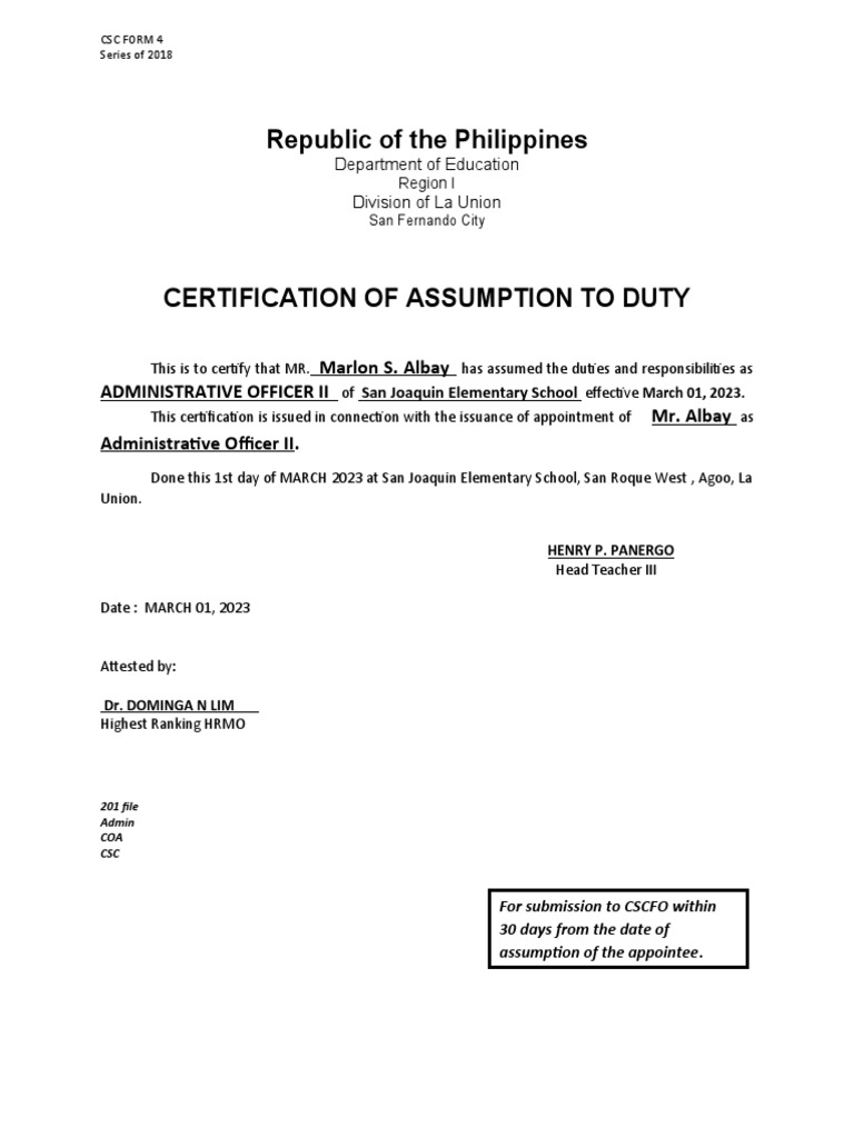 Assumption To Duty Marlon S Albay AO2 | PDF