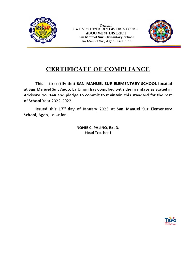 Certificate of Compliance Advisory 144 | PDF