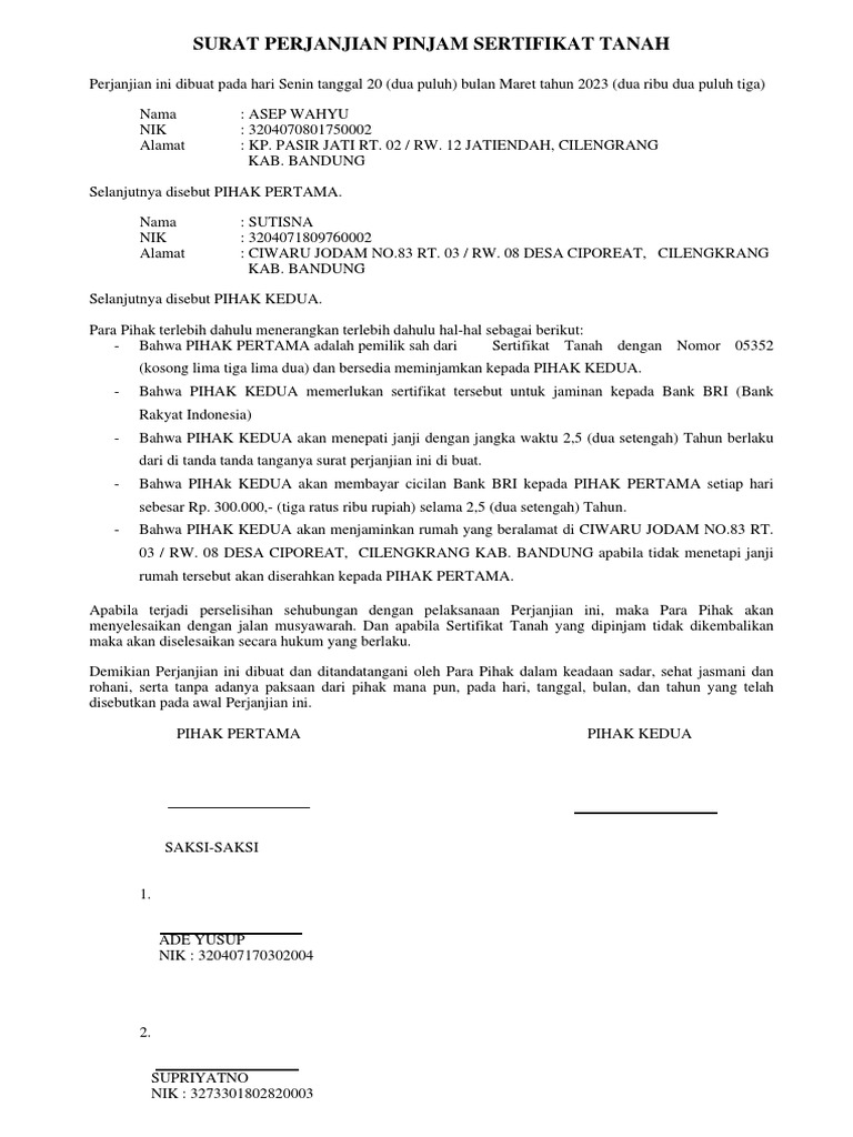 Surat Perjanjian Pinjam Sertifikat | PDF