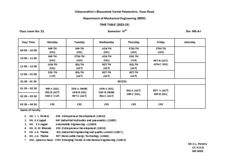 Mechanical Engineering Timetable 2022-23 | PDF | Engineering