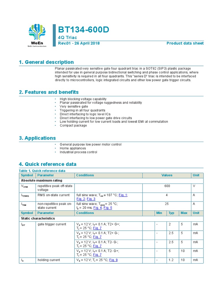 WeEn Semiconductors bt134-600d Datasheet - Retroamplis | PDF | Electrical Engineering | Electricity