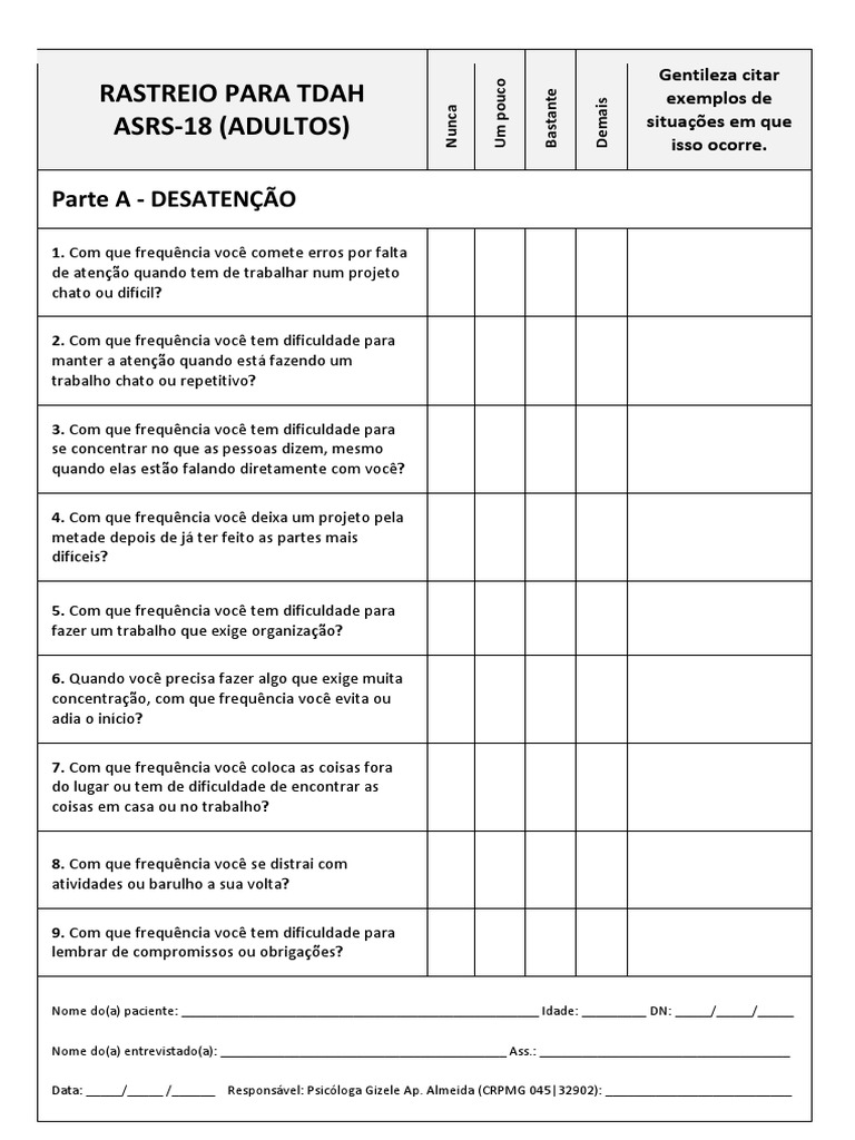 Asrs-18 Adultos | PDF | Transtorno de déficit de atenção e hiperatividade