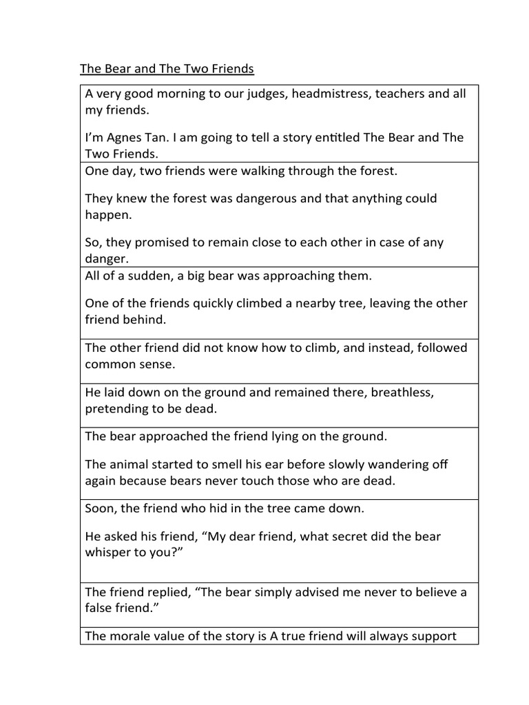 AGnes Story Telling Script - The Bear and The Two Friends | PDF