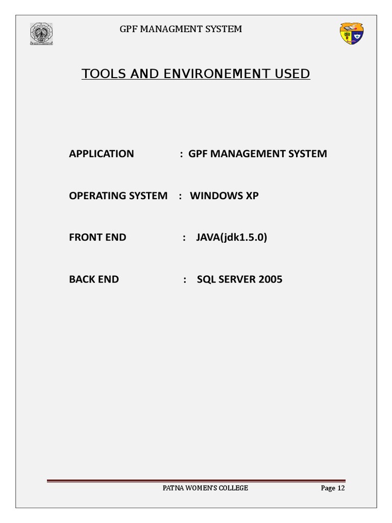 Tools and Environement Used: Application: GPF Management System | PDF
