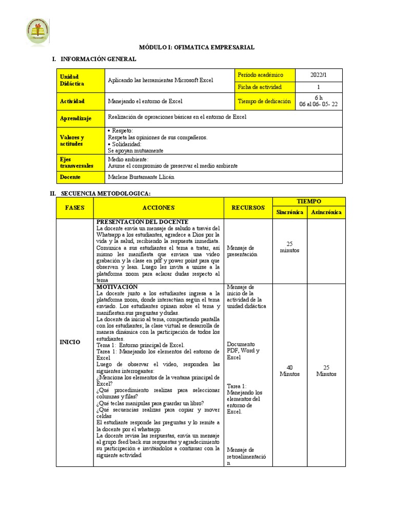 Ficha 1 Excel | PDF | Microsoft Excel | Hoja de cálculo