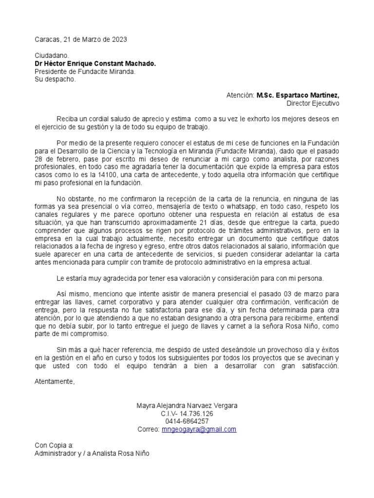 SOLICITUD DE ANTECEDENTES DE SERVICIOS MAYRA NARVAEZ - Odt | PDF