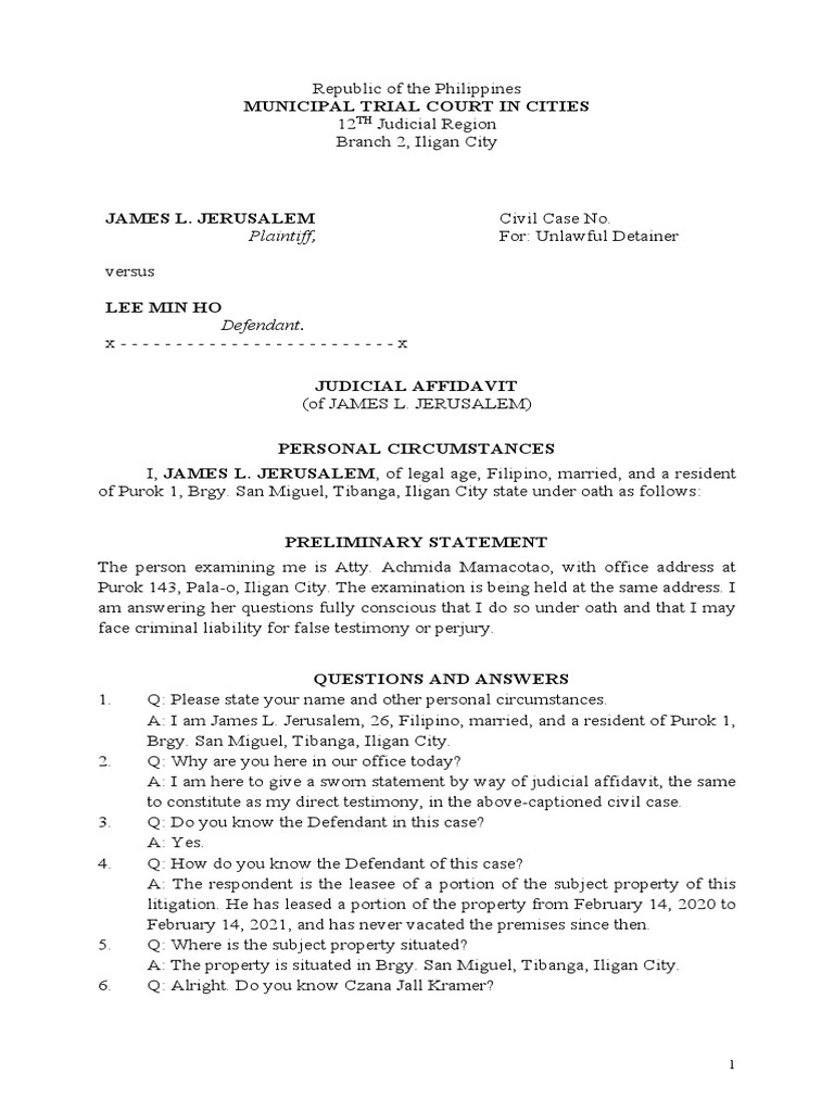 Municipal Trial Court in Cities: Plaintiff | PDF | Perjury | Affidavit