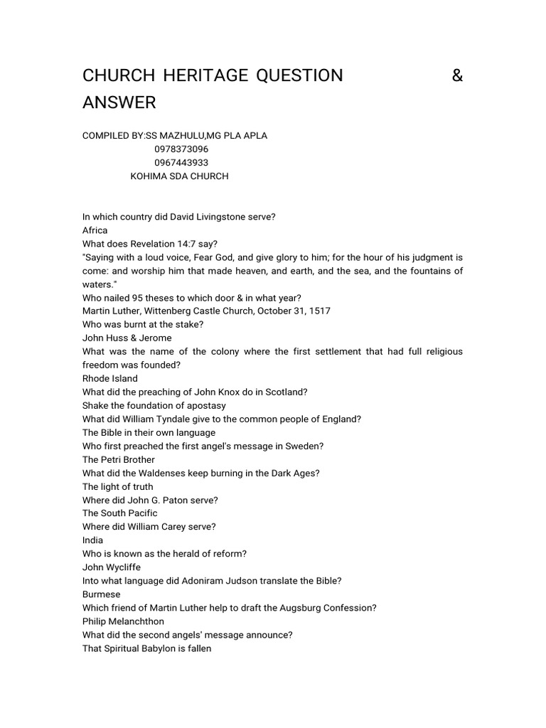 Church Heritage Qs Pdf