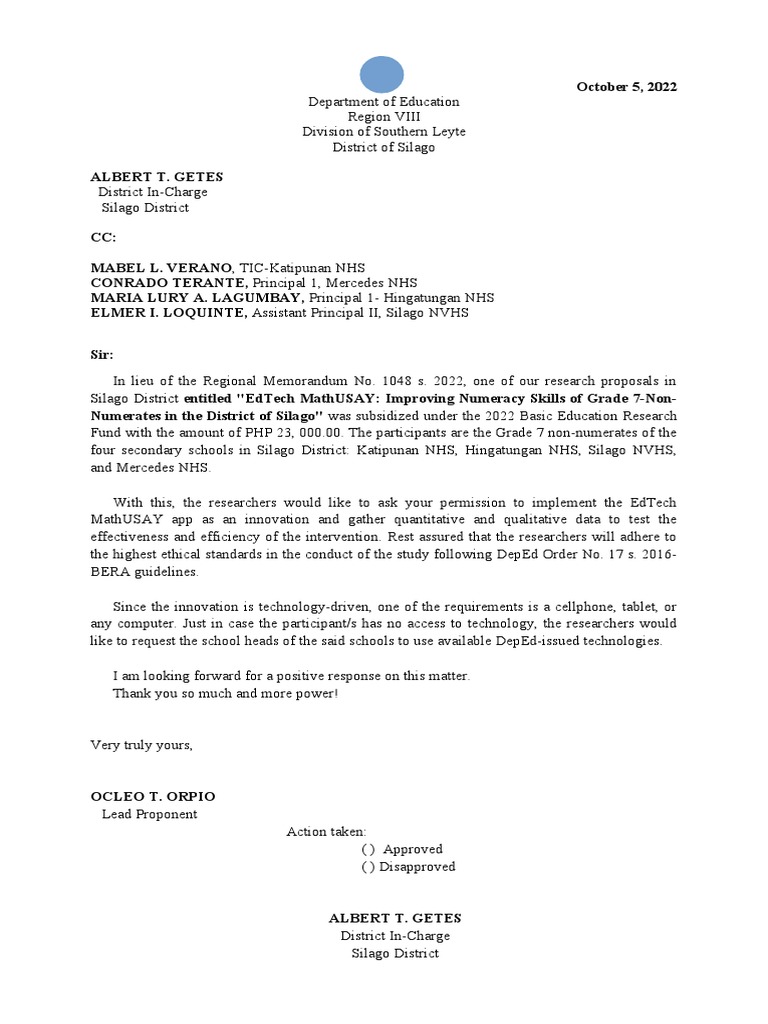 Permission Letter To Conduct Research Study | PDF | Educational Technology