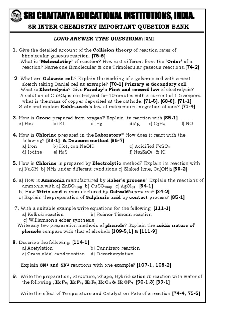 Sri Chaitanya Educational Institutions, India.: SR - Inter Chemistry Important Question Bank ...
