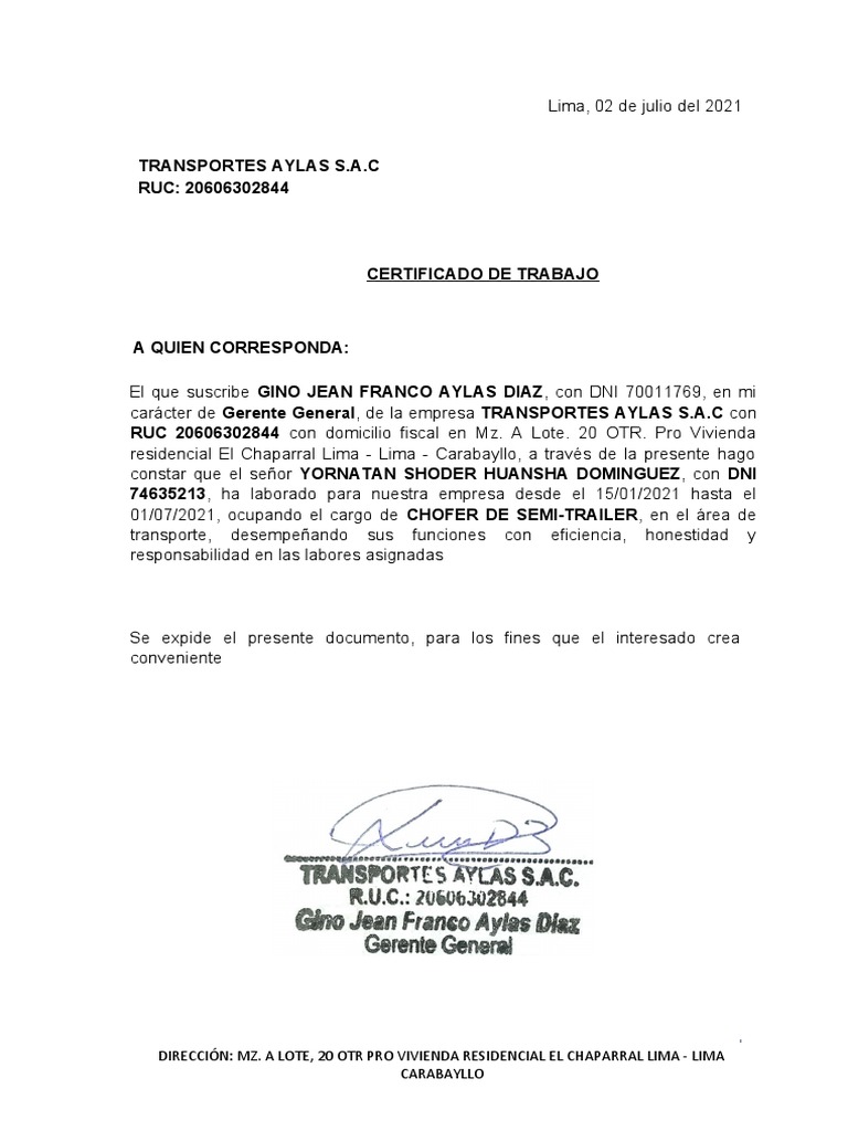 Certificado de Trabajo - Yornatan Shoder | PDF | Finanzas y dinero