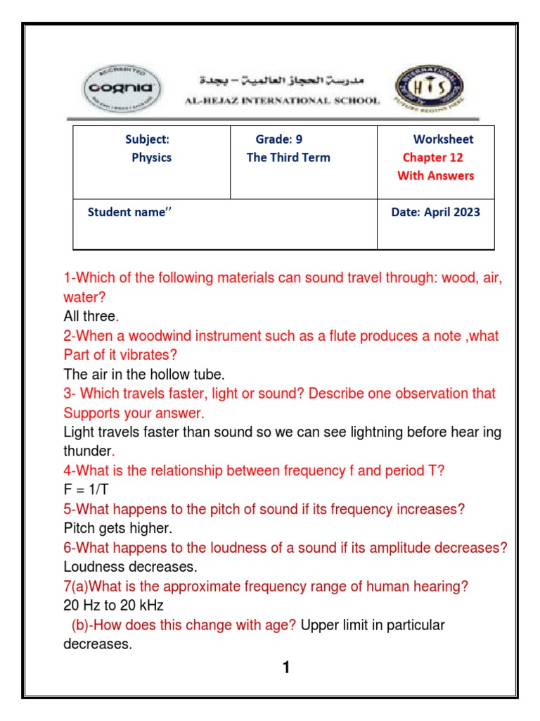 CH 12 Phy - RS 1 3rd Term g9 2023 | PDF | Sound | Pitch (Music)