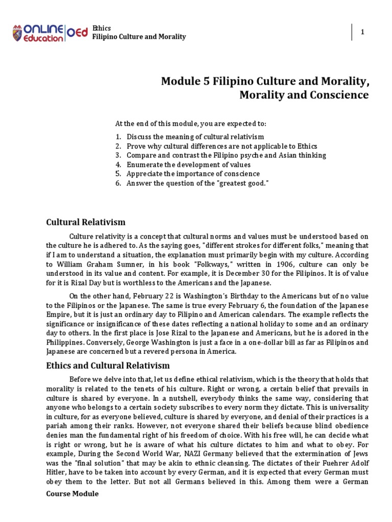 Module 5 Filipino Culture and Morality, PDF | PDF | Conscience | Good And Evil