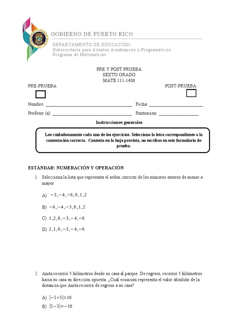 Pre y Post Prueba Matemáticas 6to Grado | PDF