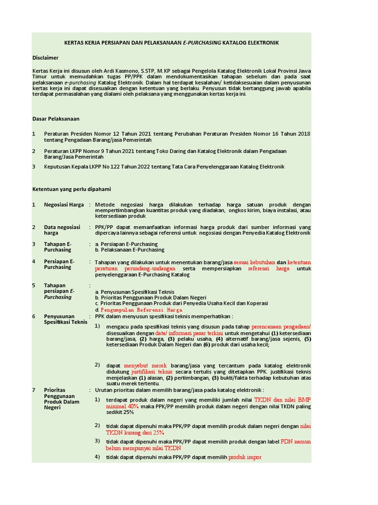 Kertas Kerja E Purchasing Katalog Pekerjaan Konstruksi | PDF