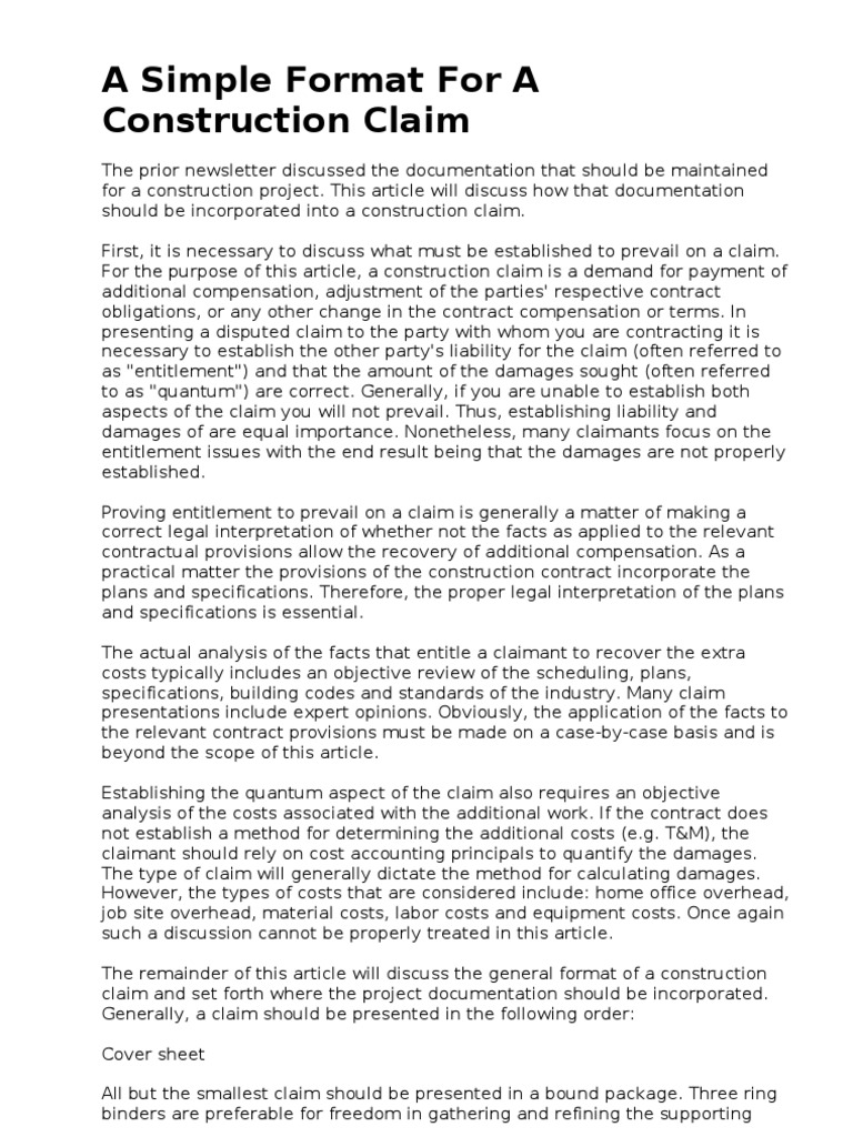 A Simple Format for a Construction Claim | Damages | Specification ...