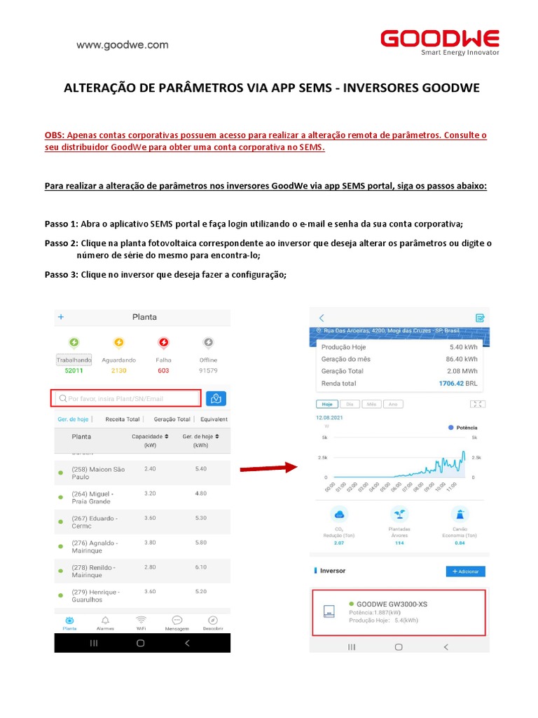 GW - Alteração Parâmetros Inversor GoodWe Via APP SEMS Portal | PDF